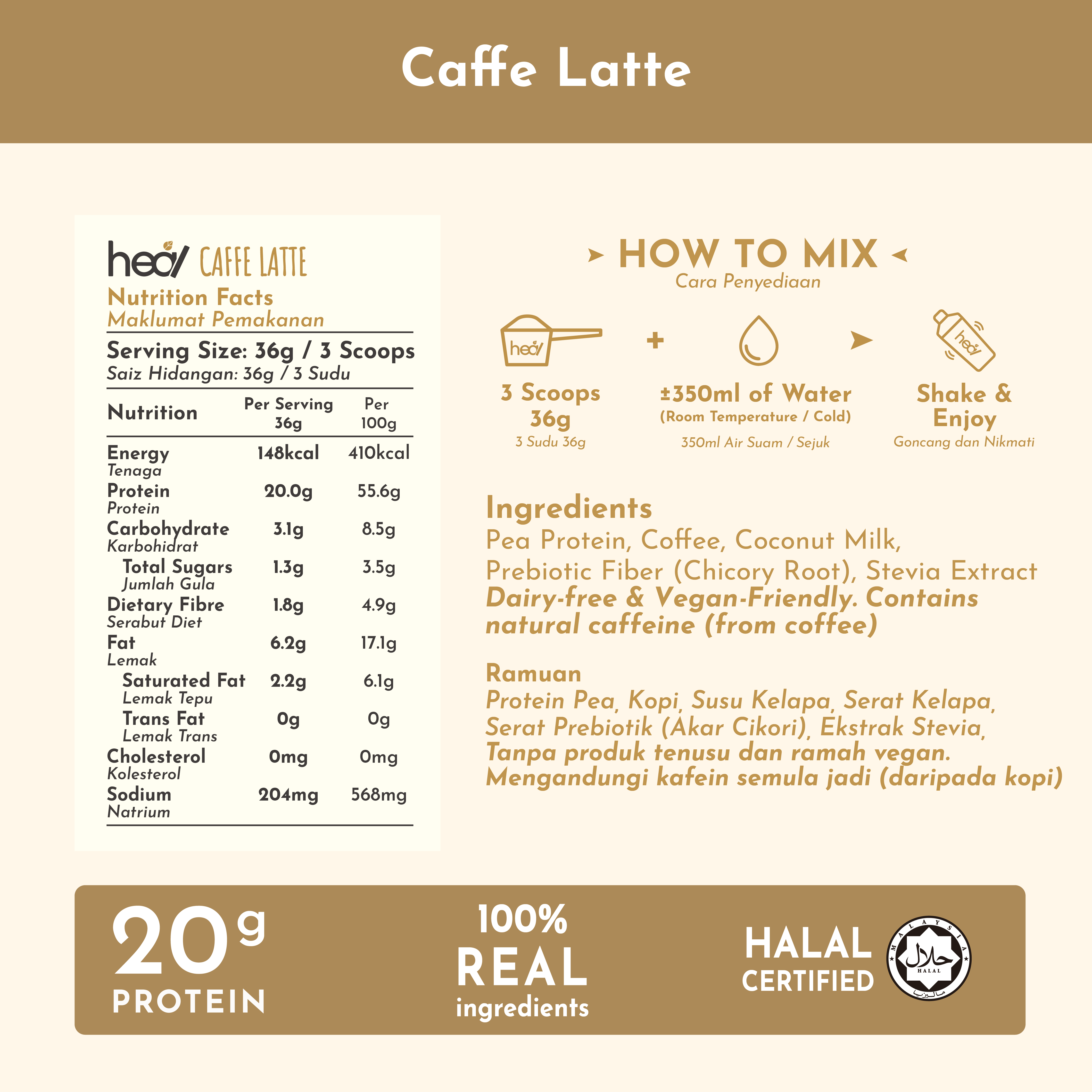 Heal Caffe Latte Vegan Protein Shake 3x Sachets Bundle (36g) – Heal ...