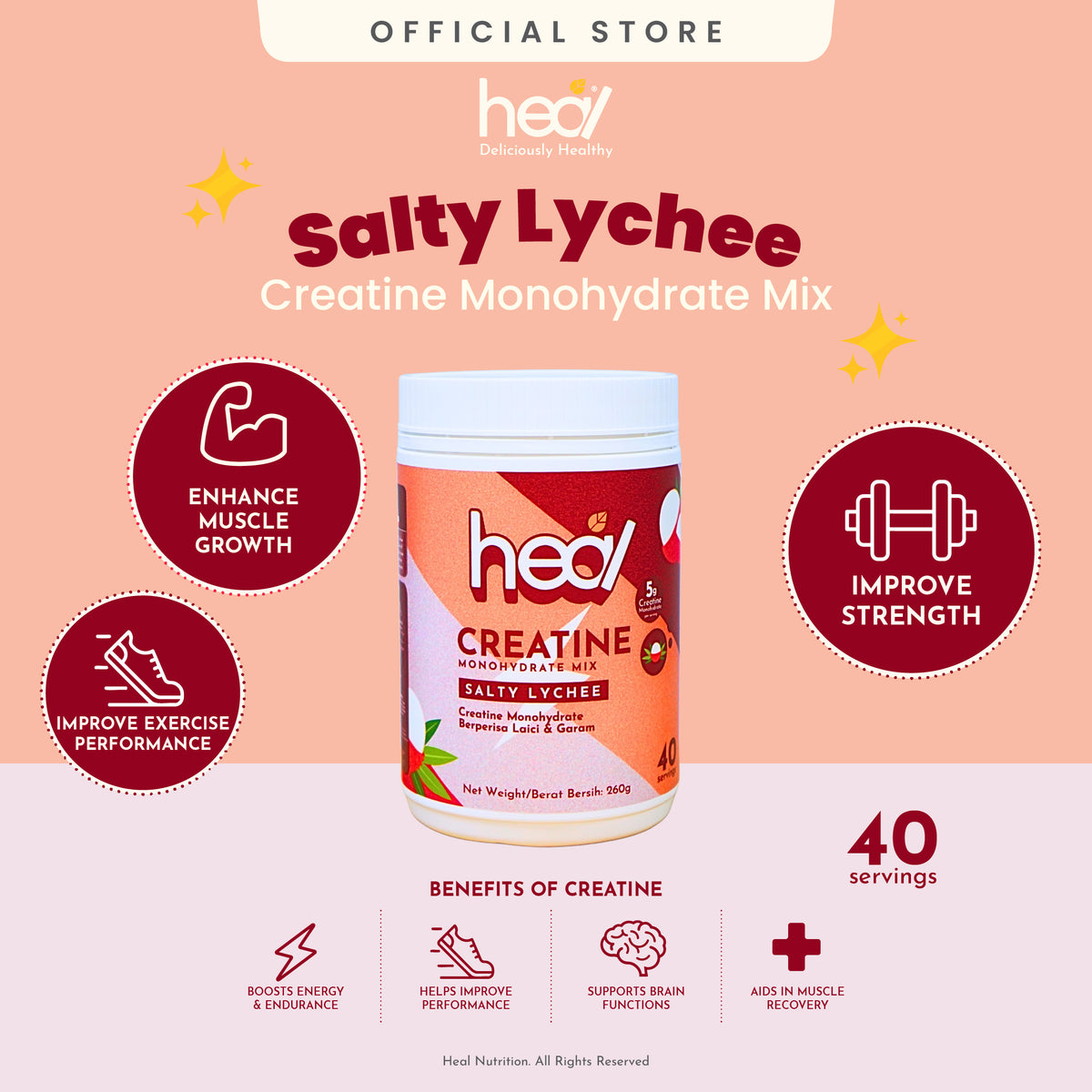 Heal Creatine – Salty Lychee (260g) • 5g Creatine per Serving • Muscle ...