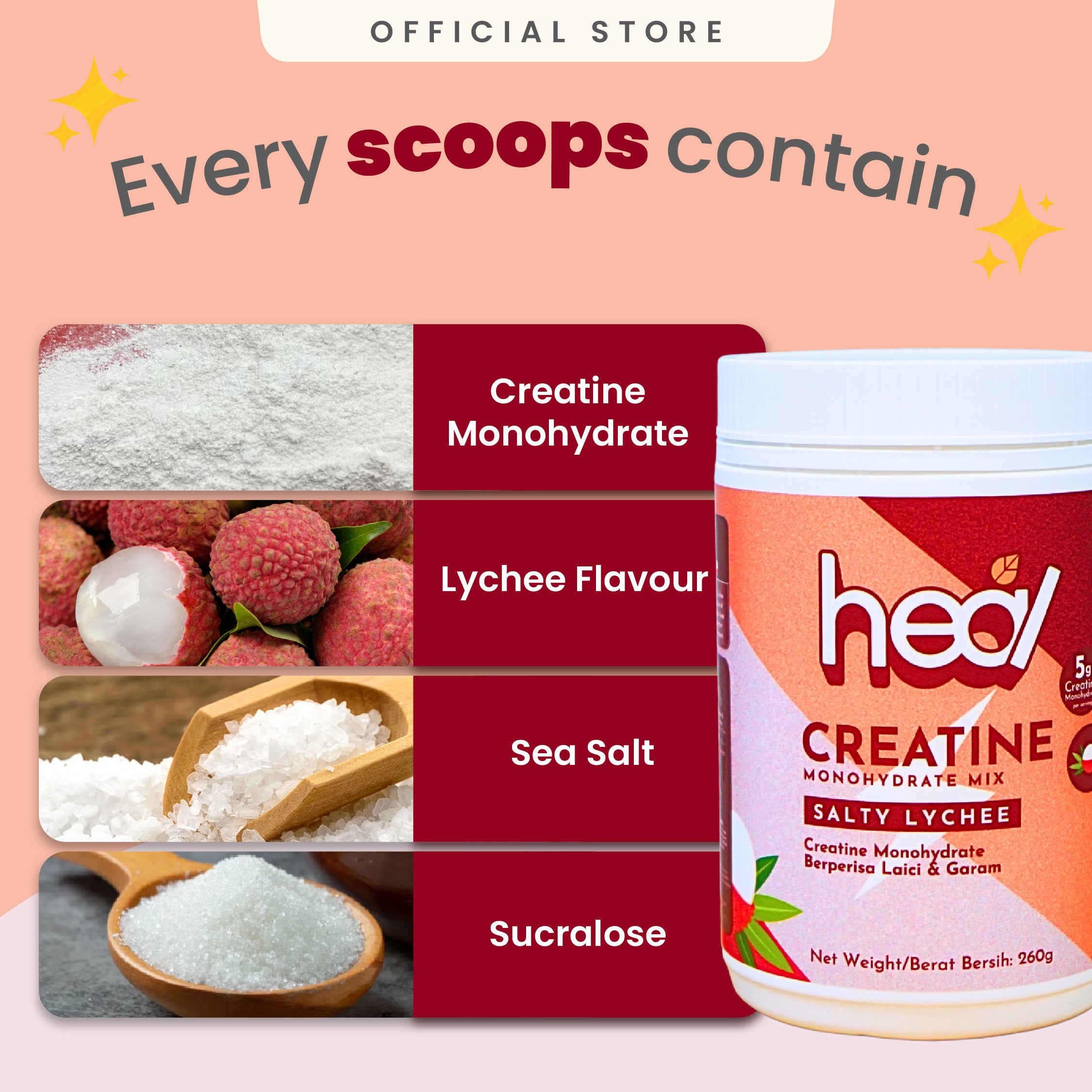Heal Creatine – Salty Lychee (260g) • 5g Creatine per Serving • Muscle ...